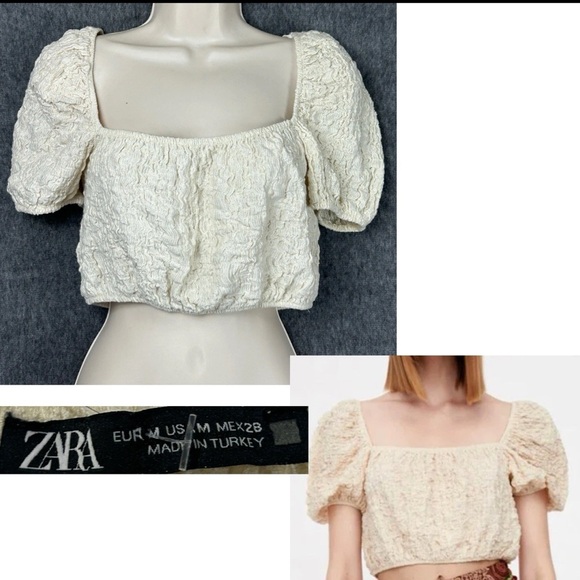 Zara | Tops | Zara Cream Crop Top Textured Material Balloon Puff Sleeve ...